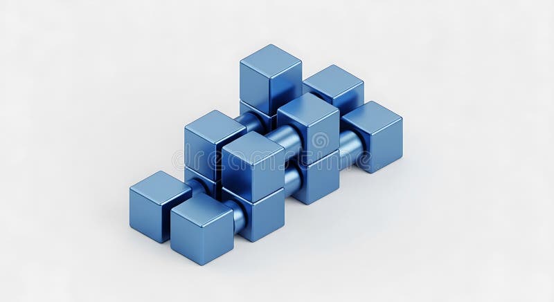 Nine Metallic Blue Cubes are Arranged in a Structured, Interlocking ...