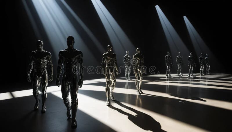 Nine Metallic Humanoid Figures Walk in a Dimly Lit Space Generated ...