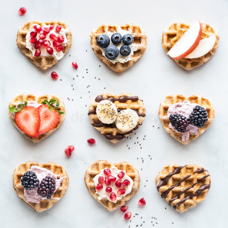 Nine Mini Heart Shaped Waffles with Various Cream Spread and Fruit ...