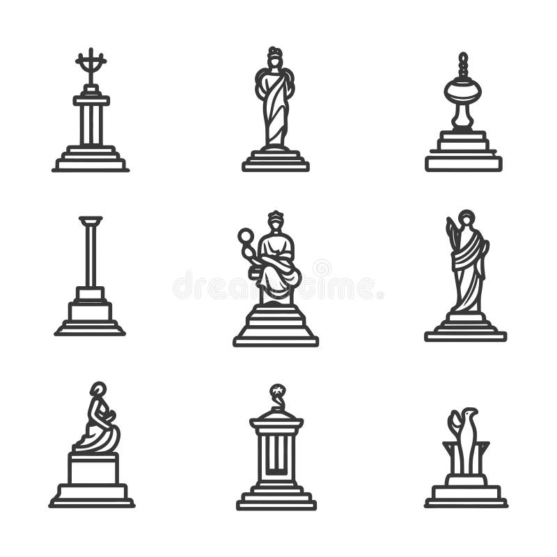 Collection of Elegant Statues and Monuments: Line Art Icons Stock ...