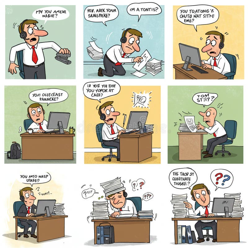 A Nine-panel Comic Depicts a Man in an Office Setting, Wearing a White ...