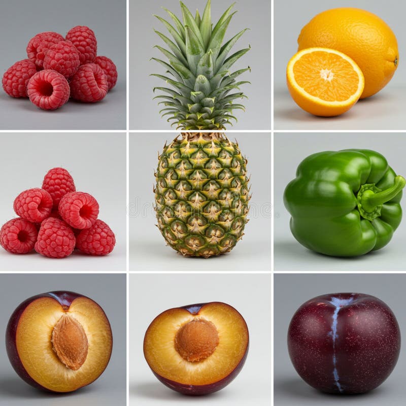 Nine-panel Grid Featuring Various Fruits and a Vegetable Stock ...