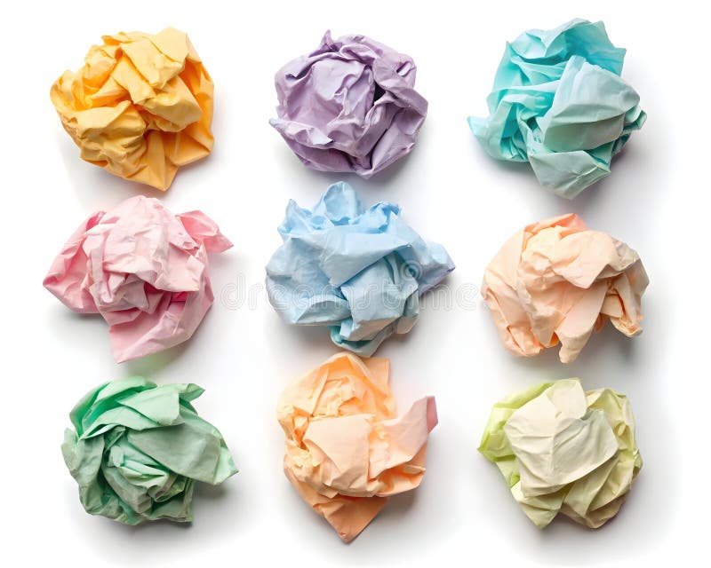 Nine Pastel Colored Crumpled Paper Scraps Isolated on White Background ...