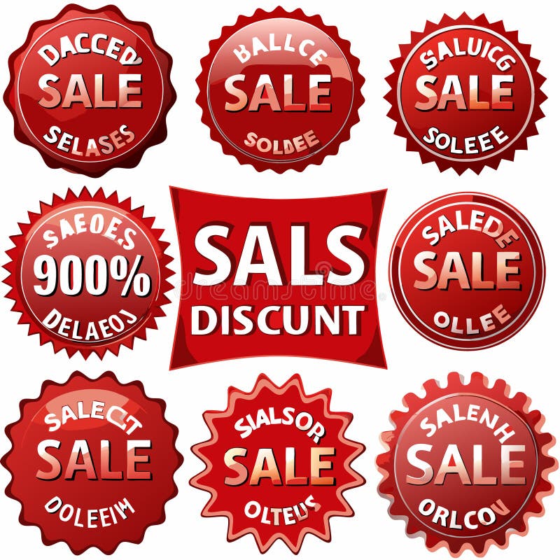 Nine Red Sale Discount Labels and One Large Discount Banner Stock ...