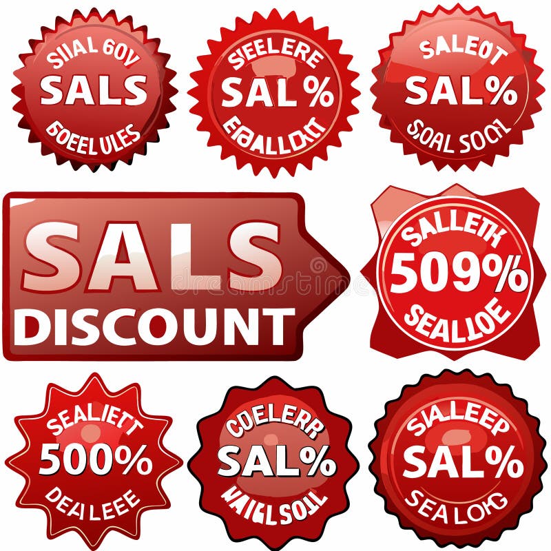 Nine Red Sale Discount Labels with Percentage and Text. (3 Stock Vector ...