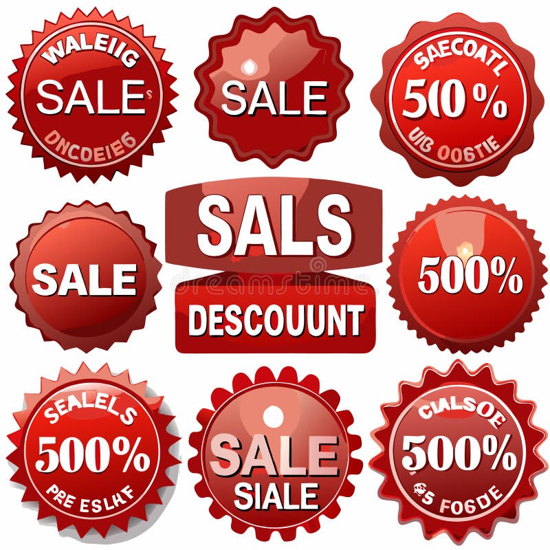 Nine Red Sale Discount Labels with Various Percentage and Text Stock ...