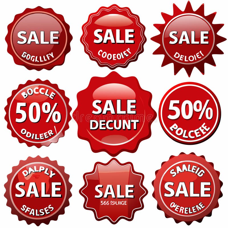 Nine Red Sale Labels with Various Designs and Percentages Stock Vector ...