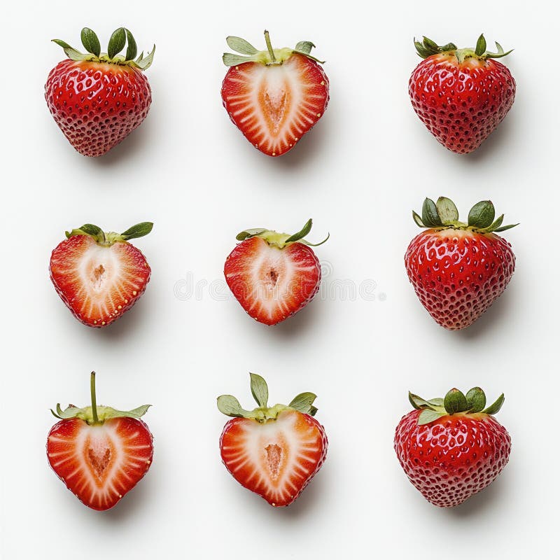 Nine Red Strawberries in Grid Pattern on White Background Stock ...