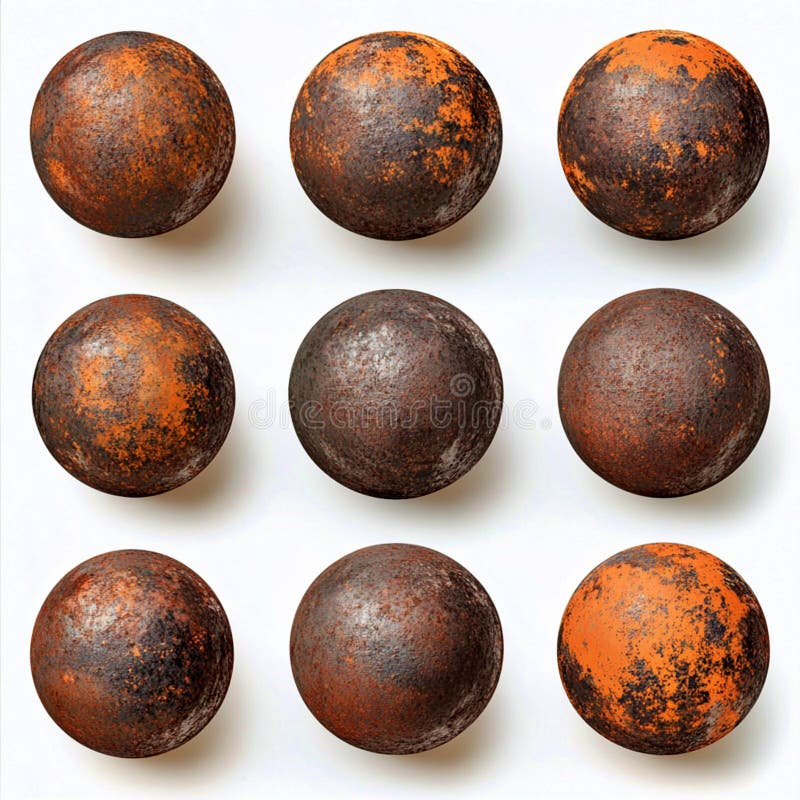 Nine Rusted Metal Spheres Arranged in a Grid Pattern on a White ...