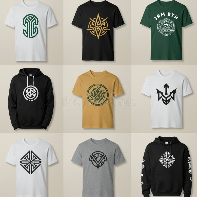 Nine Shirts Arranged in a Grid, Each Featuring Unique, Abstract ...