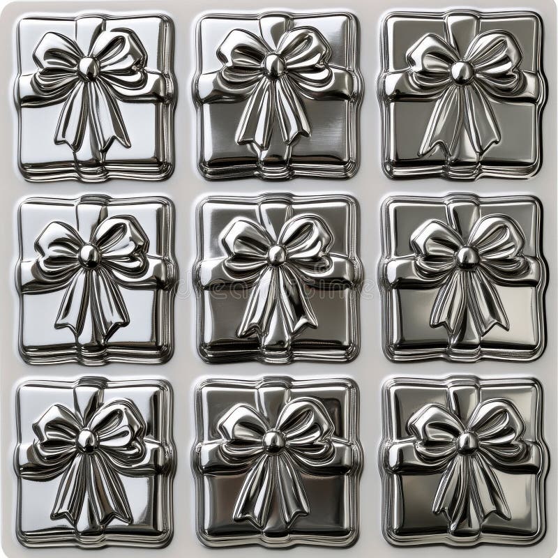 Nine Silver Gift Molds with Embossed Bows on White Background Stock ...