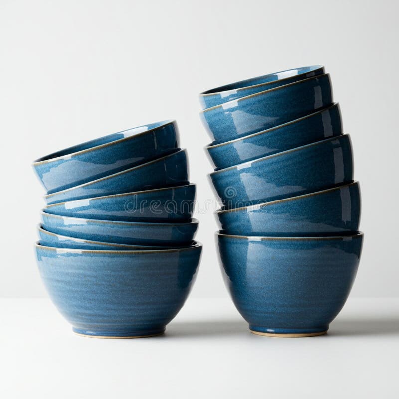 Nine Stacked Ceramic Bowls with a Glossy Blue Glaze are Arranged in Two ...