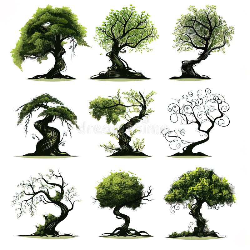 Nine Stylized Trees with Twisting Trunks and Lush Foliage, Showcasing ...