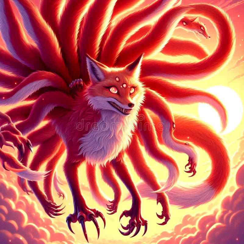 Nine-Tailed Fox in a Stunning Crimson Sky Stock Illustration ...