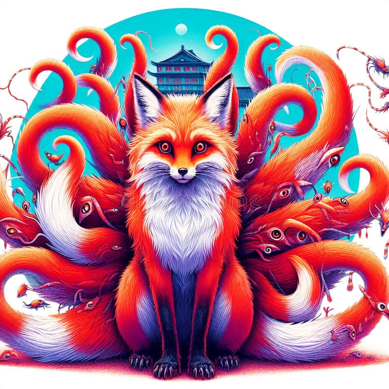 Nine-Tailed Fox in Traditional Asian Landscape Stock Illustration ...