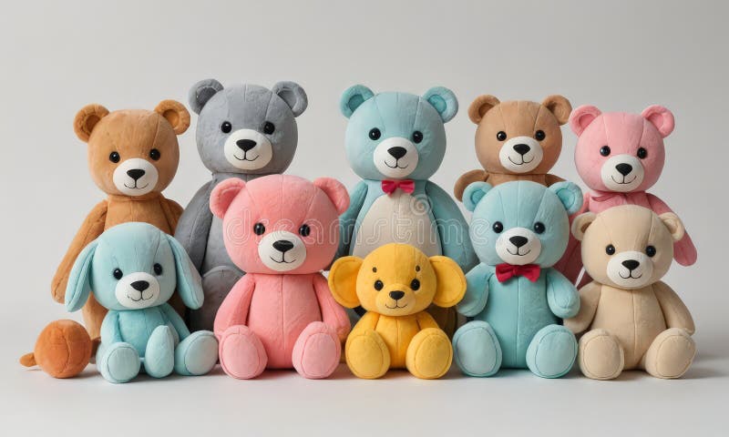 Nine Teddy Bears in Various Colors and Sizes are Arranged in Row, with ...