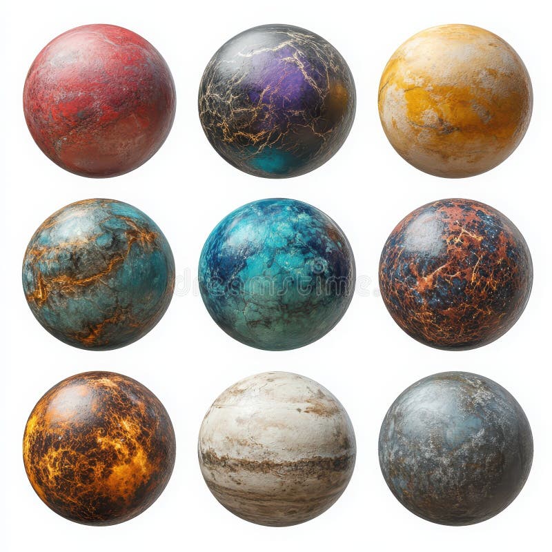 Nine Textured Spheres Diverse Colors Planets Space Art Stock ...