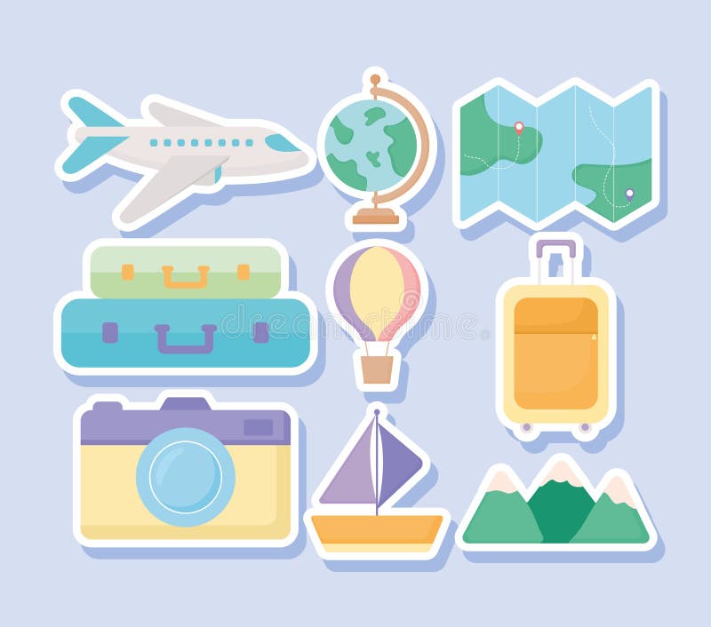 Nine travel sticker stock vector. Illustration of trolley - 229026673