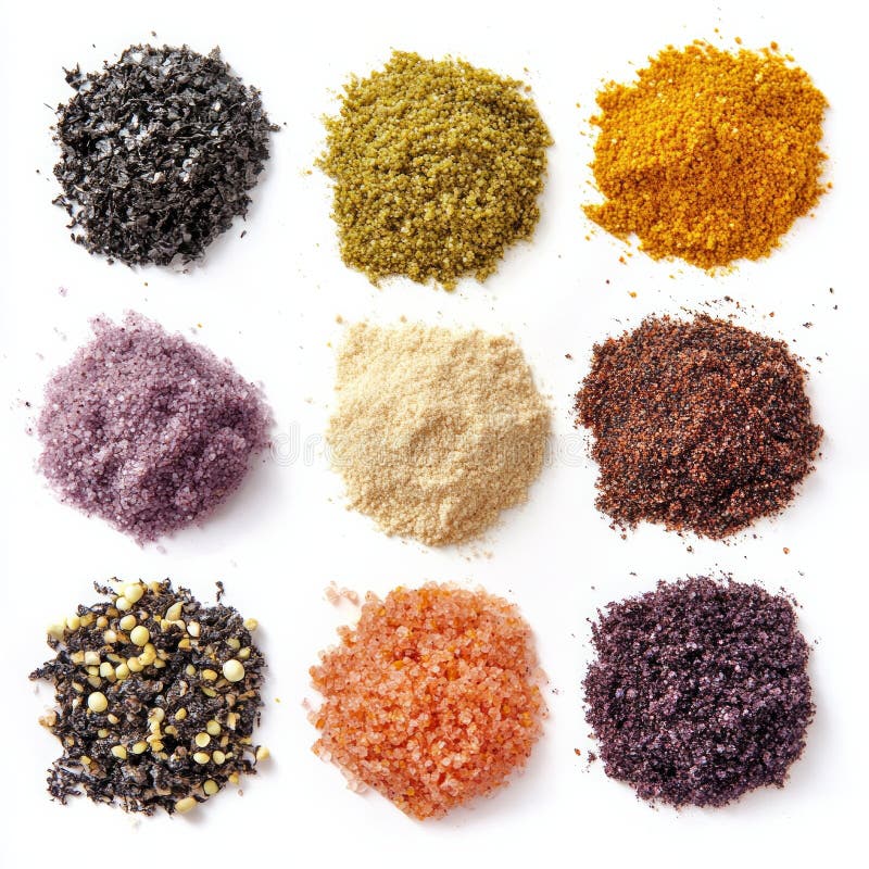 Nine Varieties of Seasoning Salts Displayed in Vibrant, Distinct Colors ...