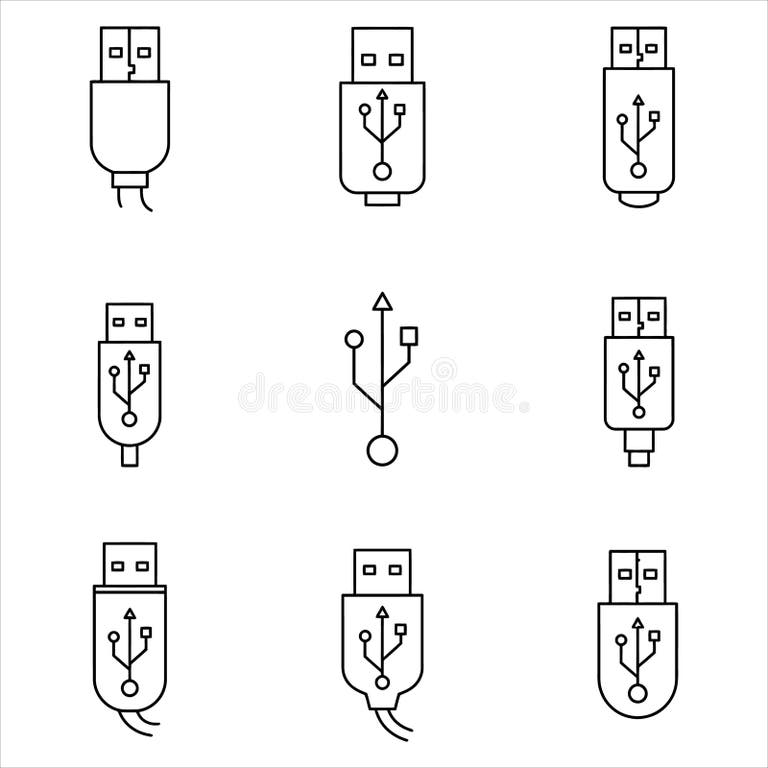 Nine Black Line Drawings of U S B Connectors Various Styles and ...