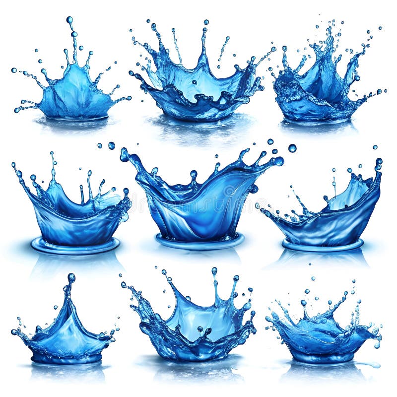 Nine Vibrant Blue Water Splashes Illustrations Perfect for Design ...