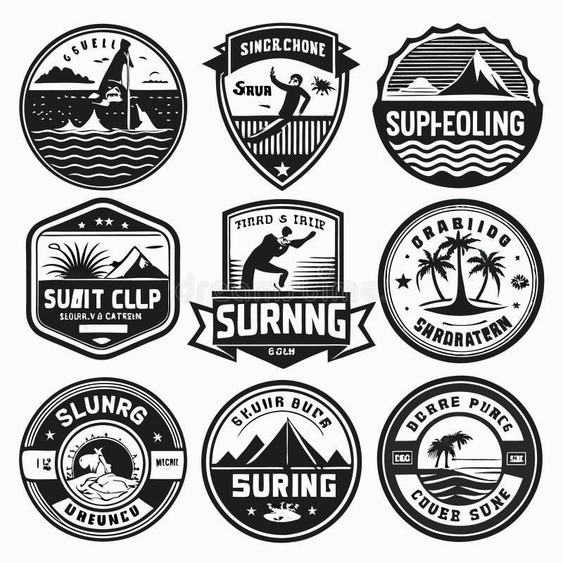 Nine Vintage Monochrome Surfing Emblems with Text in a Circle with ...