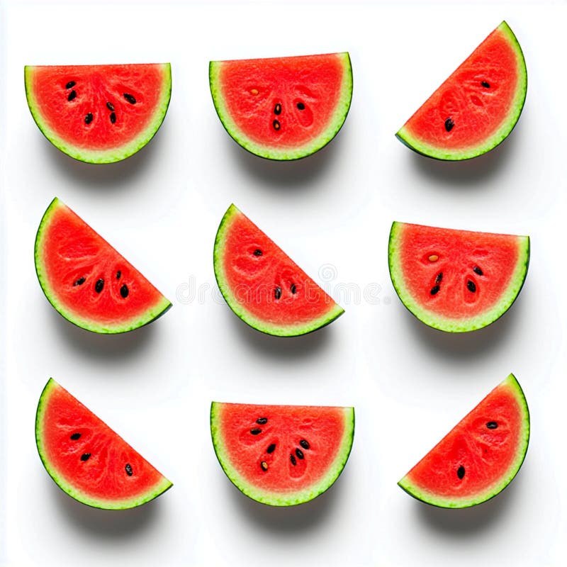 Nine Watermelon Slices Arranged on a Plain Surface in a Grid Pattern ...