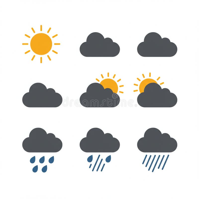 Nine Weather Icons Arranged in a Grid on a White Background. Icons ...