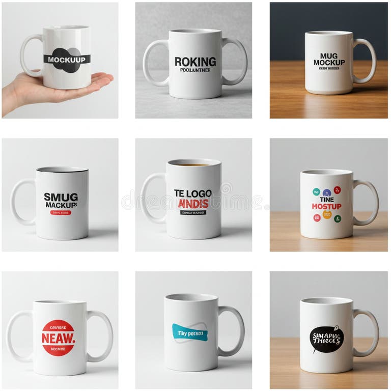 Nine White Ceramic Mugs, Each Featuring Different Mockup Text and ...