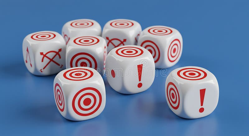 Nine White Dice with Various Red Symbols, Including Target Circles and ...