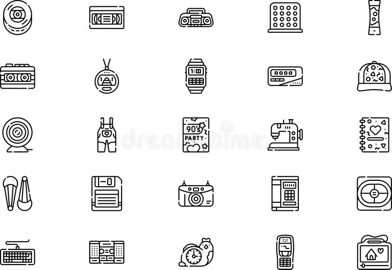 Nineties Icons Collection is a Vector Illustration with Editable Stroke ...