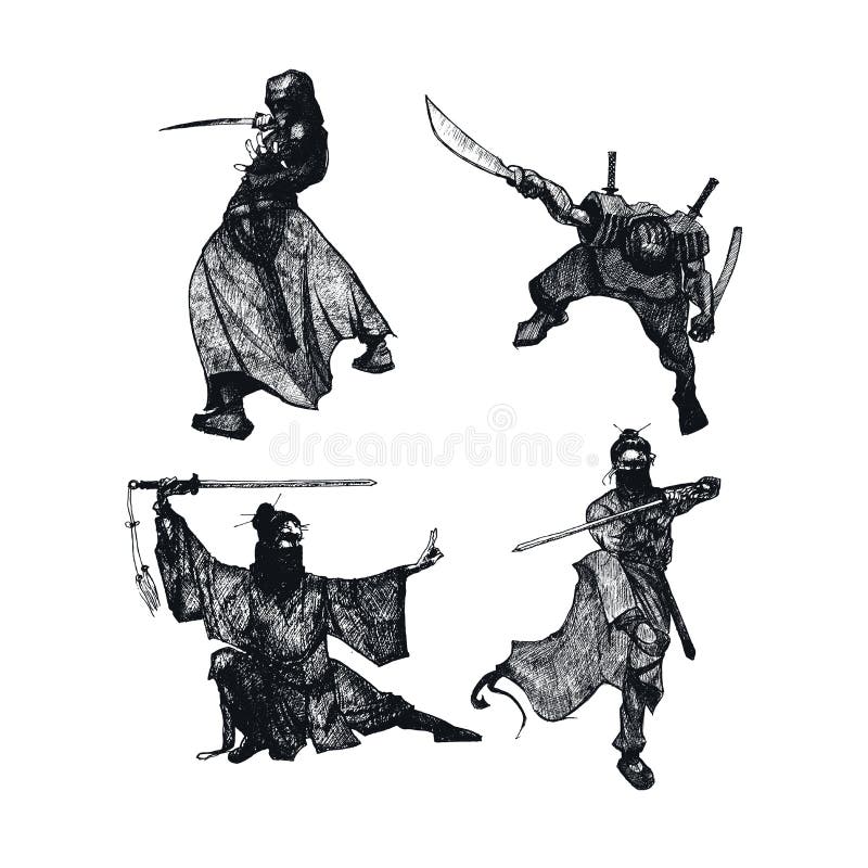 Ninja Characters Wearing Mask in Fighting Pose Isolated on White ...