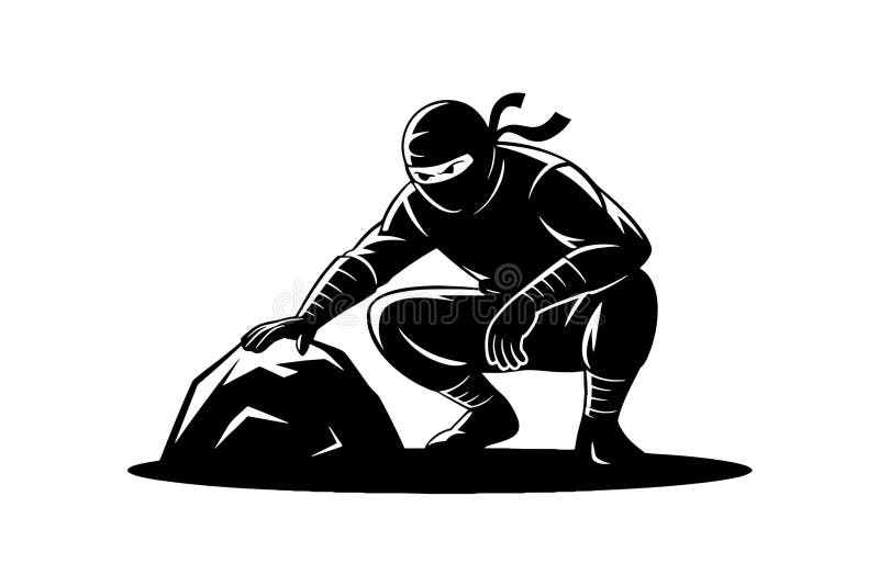 Ninja Crouching by Rock Action Pose for Tattoo and Design Inspiration ...