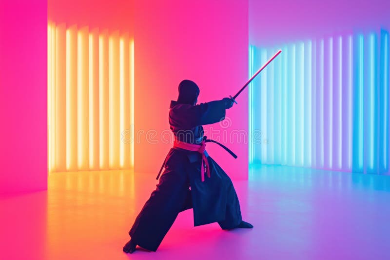 Ninja in Dynamic Pose, Wielding Sword, Illuminated by Colorful Neon ...