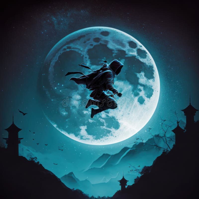 Ninja Flying Trough the Night in Front of Full Moon Generative AI Stock ...