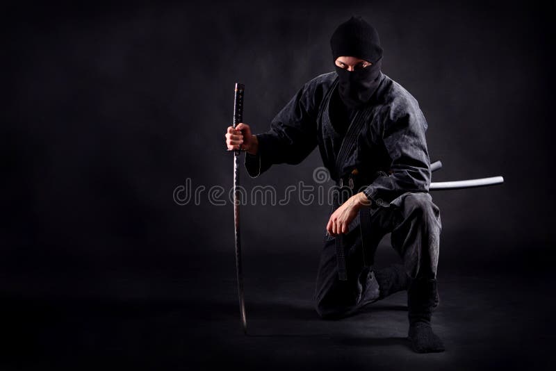 Ninja Samurai Crouched on One Leg Stock Image - Image of ancient, dark ...