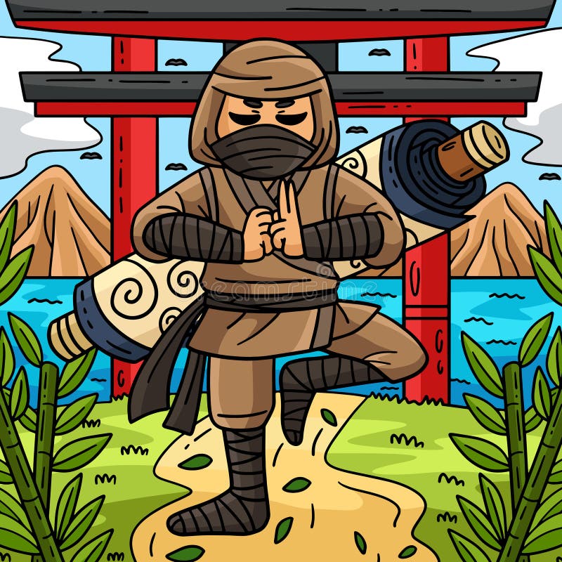 Ninja with a Scroll on Back Colored Cartoon Stock Vector - Illustration ...