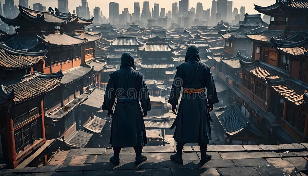 Ninja Standing in the Middle of Chinatown Stock Illustration ...