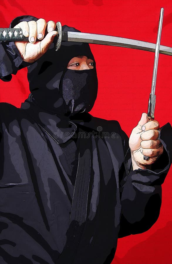 Ninja with Throwing Star Weapon and Red Background Stock Illustration ...