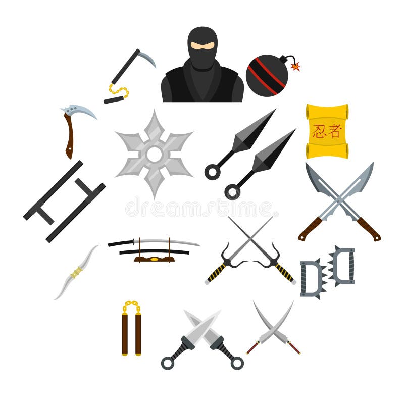Ninja Tools Icons Set in Flat Style Stock Vector - Illustration of ...