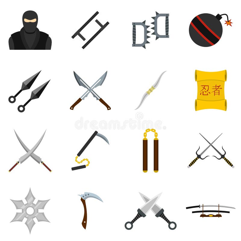 Ninja Tools Icons Set in Flat Style Stock Vector - Illustration of arms ...