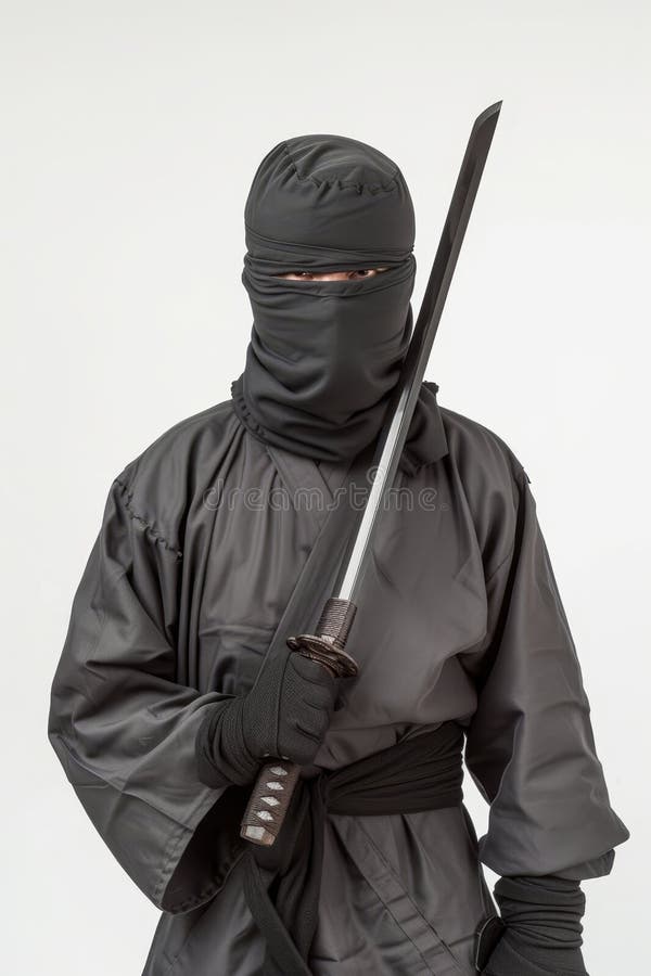 Ninja in Traditional Black Garb Holding a Katana, Eyes Fixed Ahead with ...