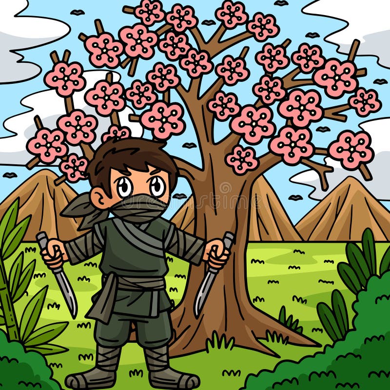Ninja Under the Sakura Tree Colored Cartoon Stock Vector - Illustration ...