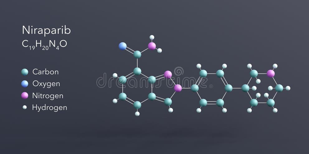 Niraparib Molecule 3d Rendering, Flat Molecular Structure with Chemical Formula and Atoms Color ...
