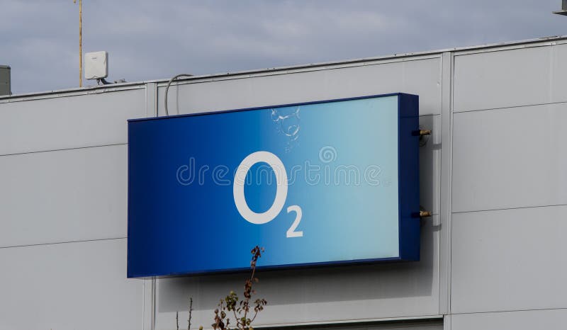 O2 Mobile Network Operator Sign. O2 Banner at Building Exterior ...