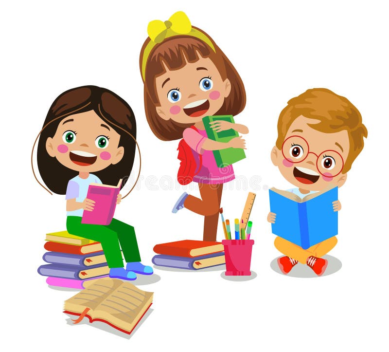 Niños Felices Y Lindos Leyendo Un Libro Stock de ilustración ...