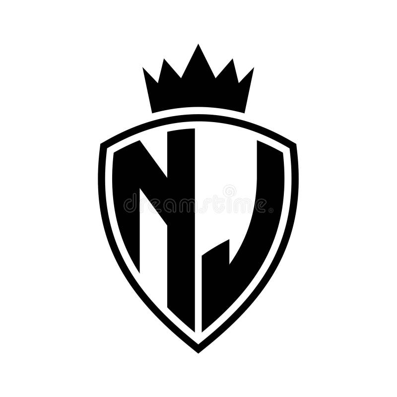 NJ Letter Monogram Shield and Crown Outline Shape with Black and White ...