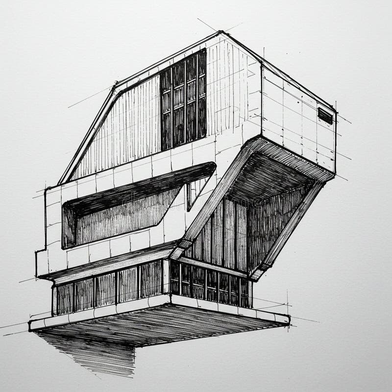 Nk Drawing of a Modernist Architectural Structure, Featuring a ...