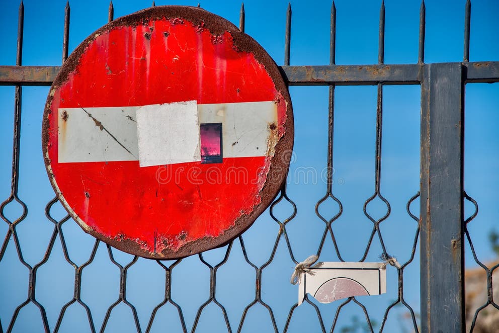 No Access Road Sign at a Fence Stock Photo - Image of white ...