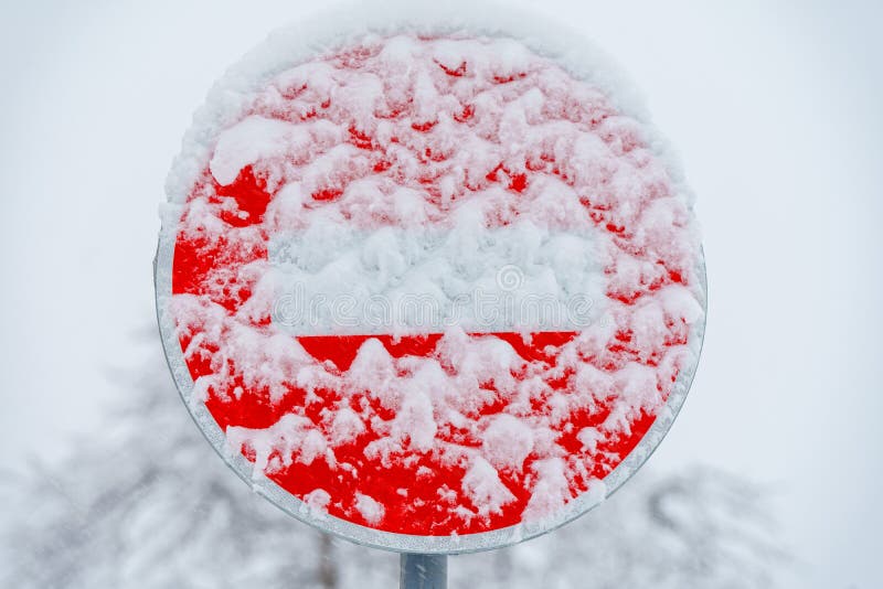 No Entry Road Sign during Snowfall Stock Photo - Image of prohibit ...